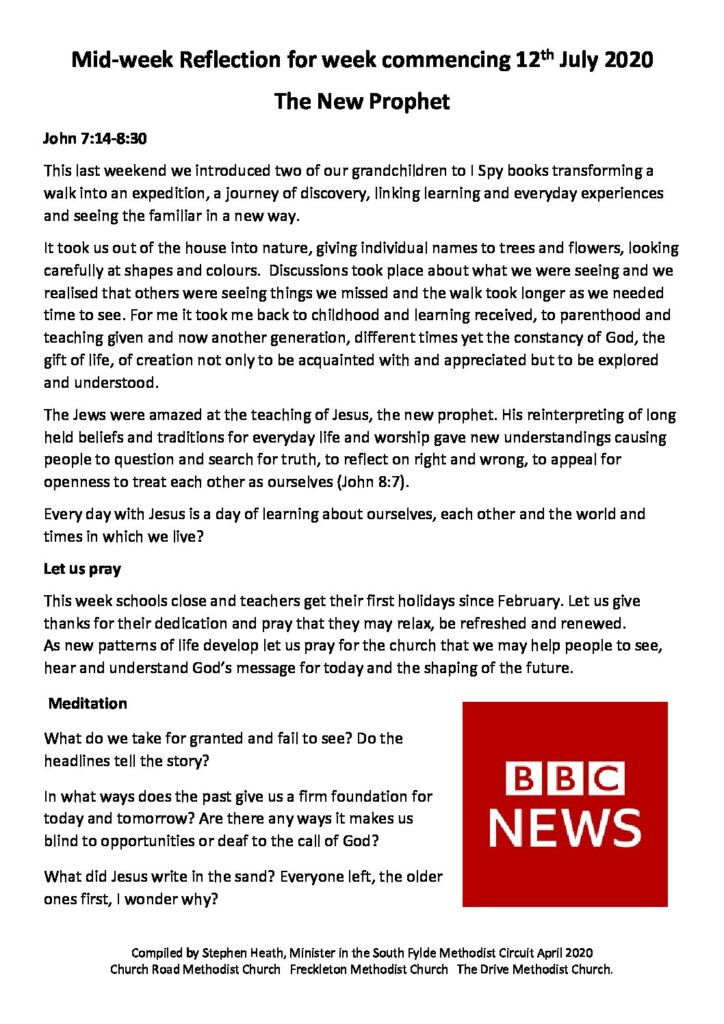 Stephen’s Letter 17th July, Readings commencing 19th and this week’s ...